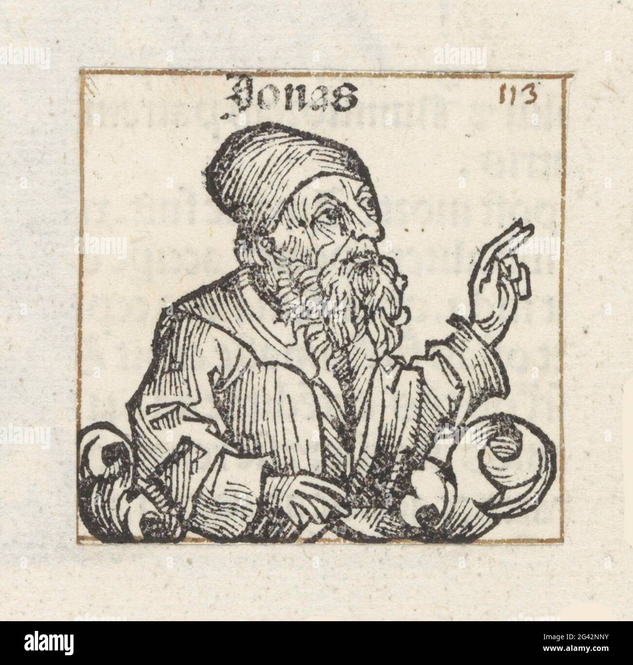 Jonah; Jonas; Liber chronicarum. A flower celk with a man with a hat on ...
