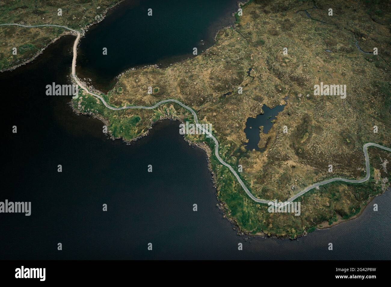 Lake Toftavatn with hiking trail from above, Runavik, Eysteroy, Faroe ...