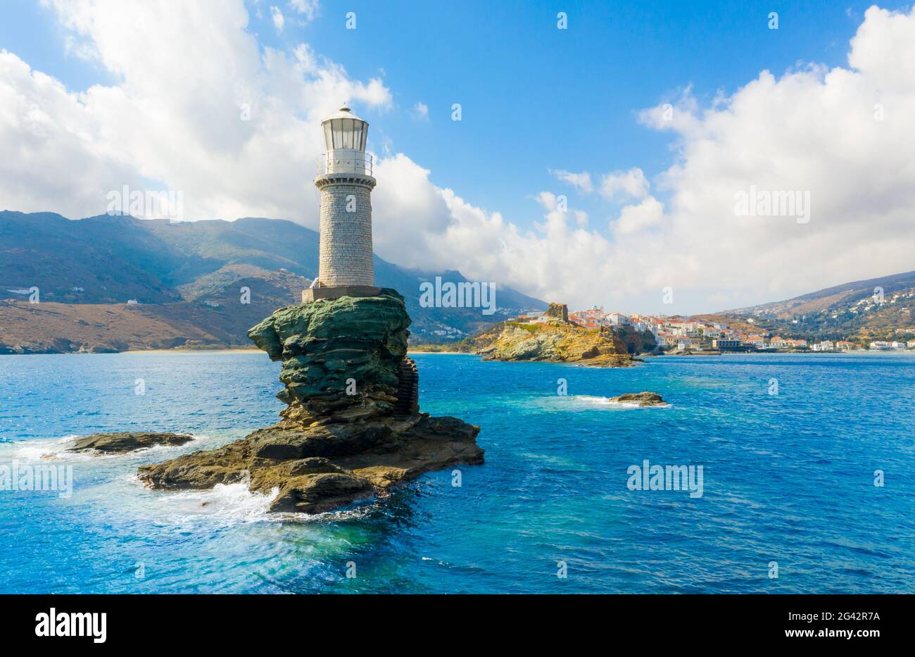 The beautiful Lighthouse Tourlitis of Chora at night. Andros island ...
