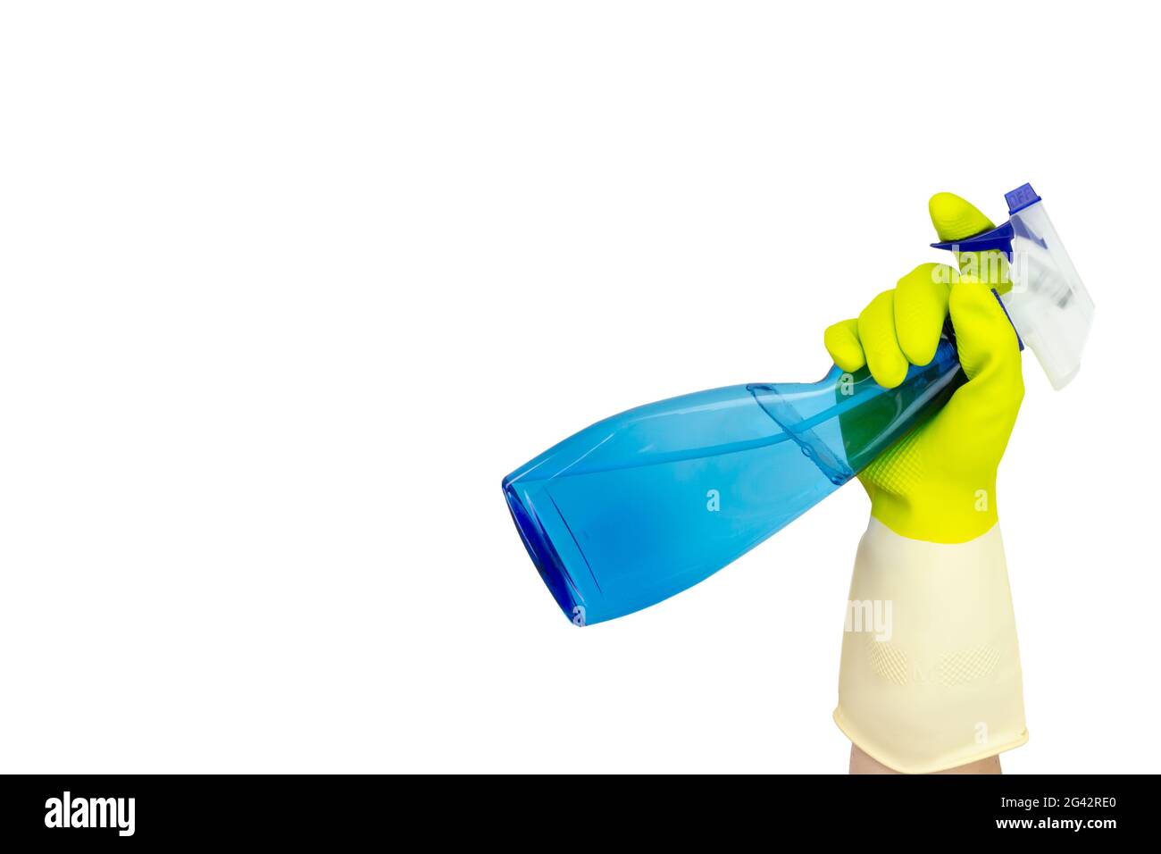 Spring cleaning concept. Spray bottle of blue window cleaner on a white ...