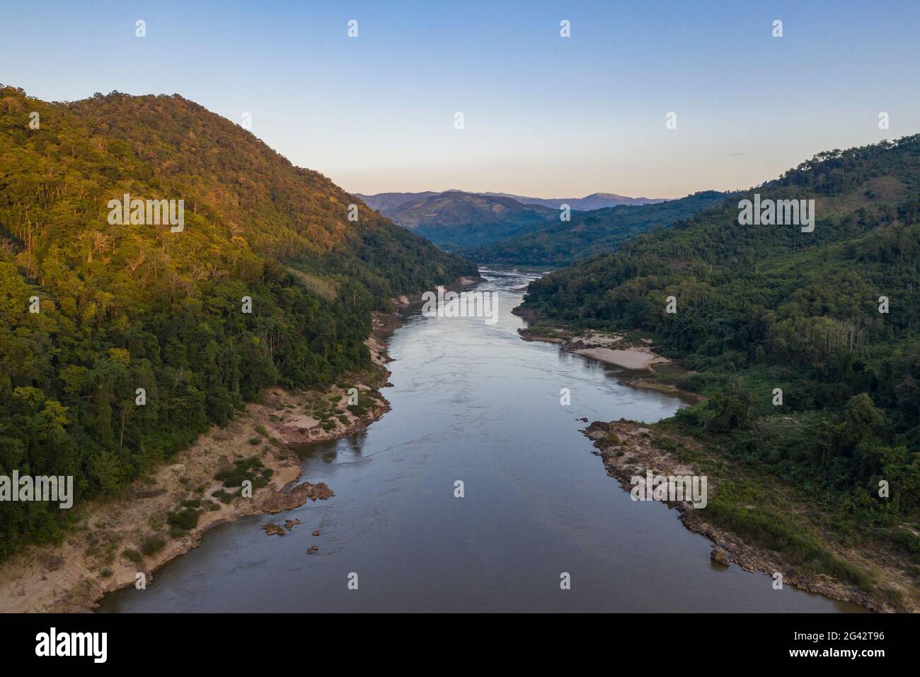 Aerial view of the Mekong river with mountains, Hongsa, Oudomxay ...