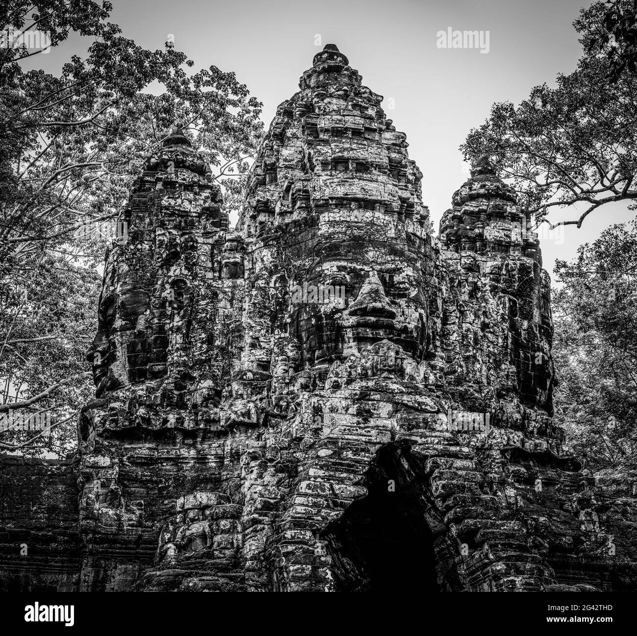 North Gate of Angkor Thom Temple ruin in black and white, Angkor Wat ...