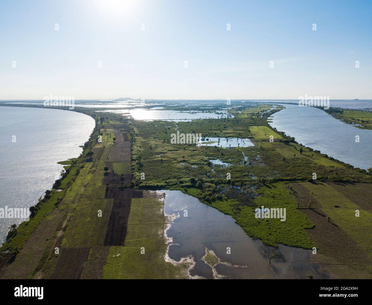 Aerial view of Tonle Sap River and rice fields, near Kampong Chhnang ...