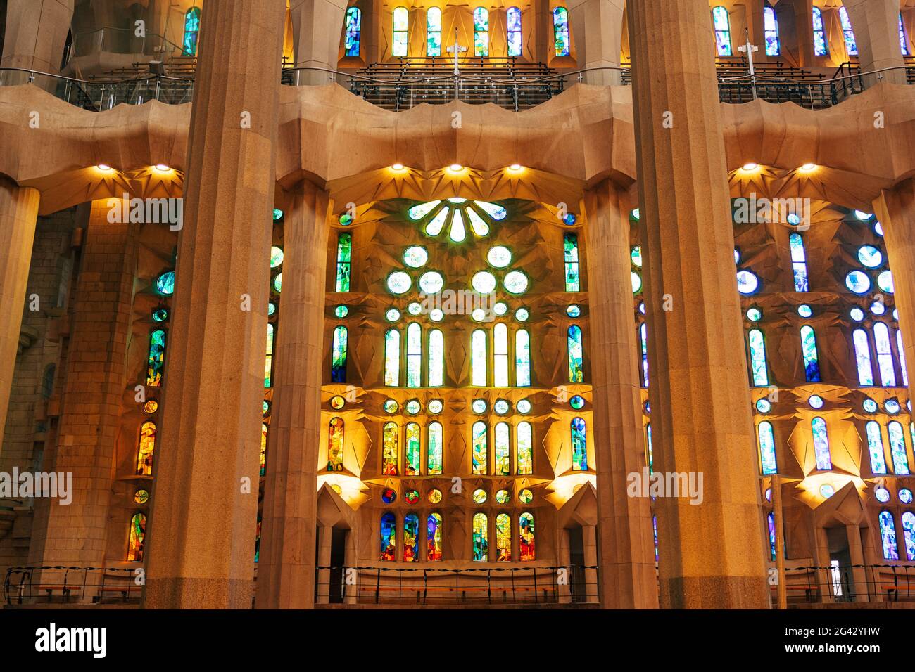 Barcelona, Spain - 15 December 2019: Stained windows from inside the ...