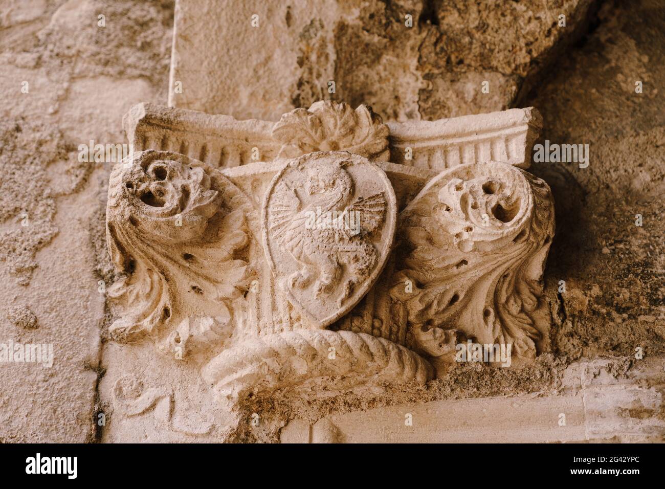 The top of a bas-relief column with a shield pattern depicting a dragon ...