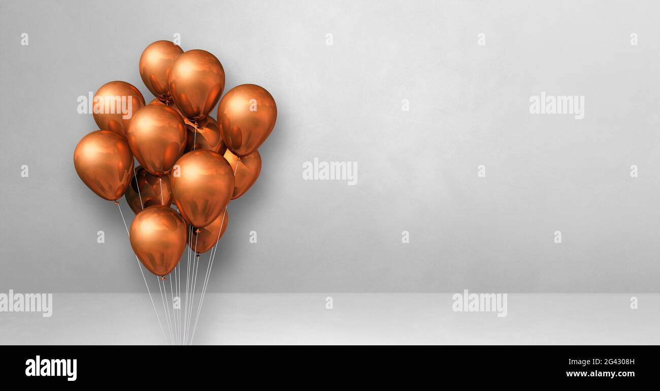 Copper balloons bunch on a white wall background. Horizontal banner ...