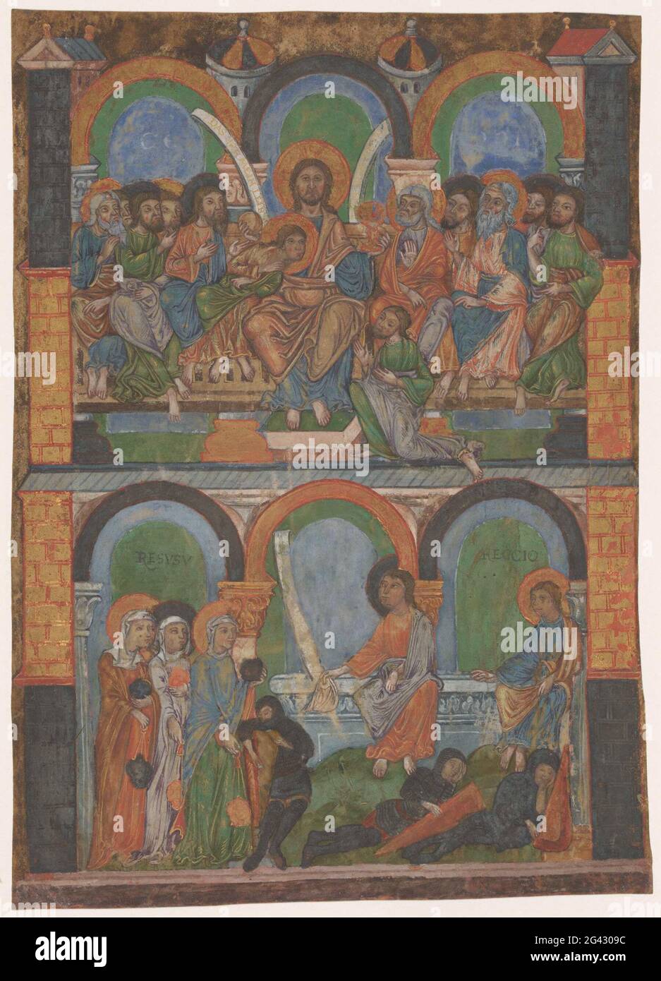 Fragment of a liturgical book: The last supper and the three women at ...