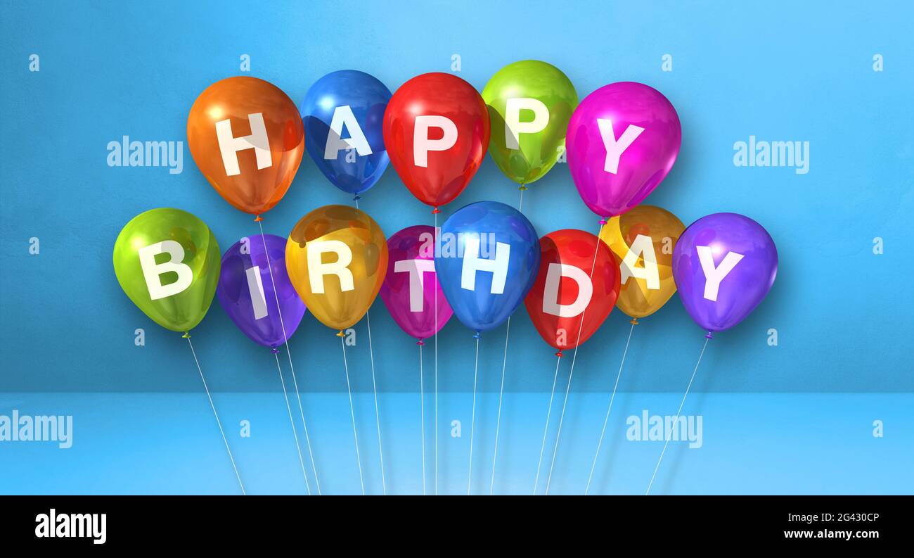 Colorful happy birthday air balloons on a blue background scene ...