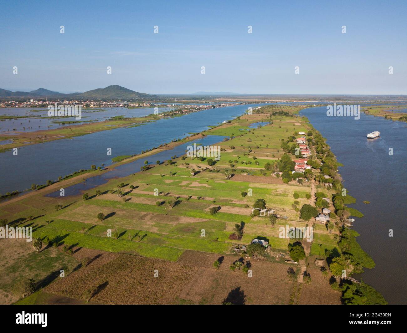 Aerial view of Tonle Sap River and rice fields, near Kampong Chhnang ...