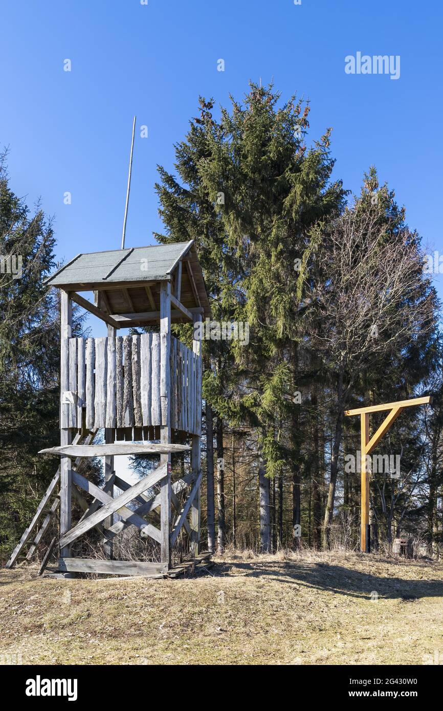 The dilapidated lookout tower and the replica of the gallows on the ...