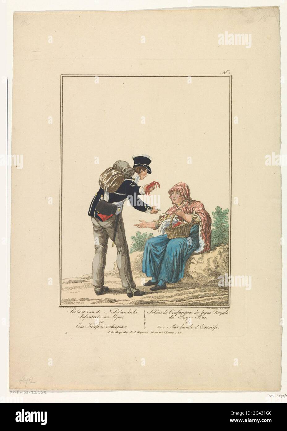 Standing soldier with lobster saleswoman; Soldier of the Dutch Infantry ...