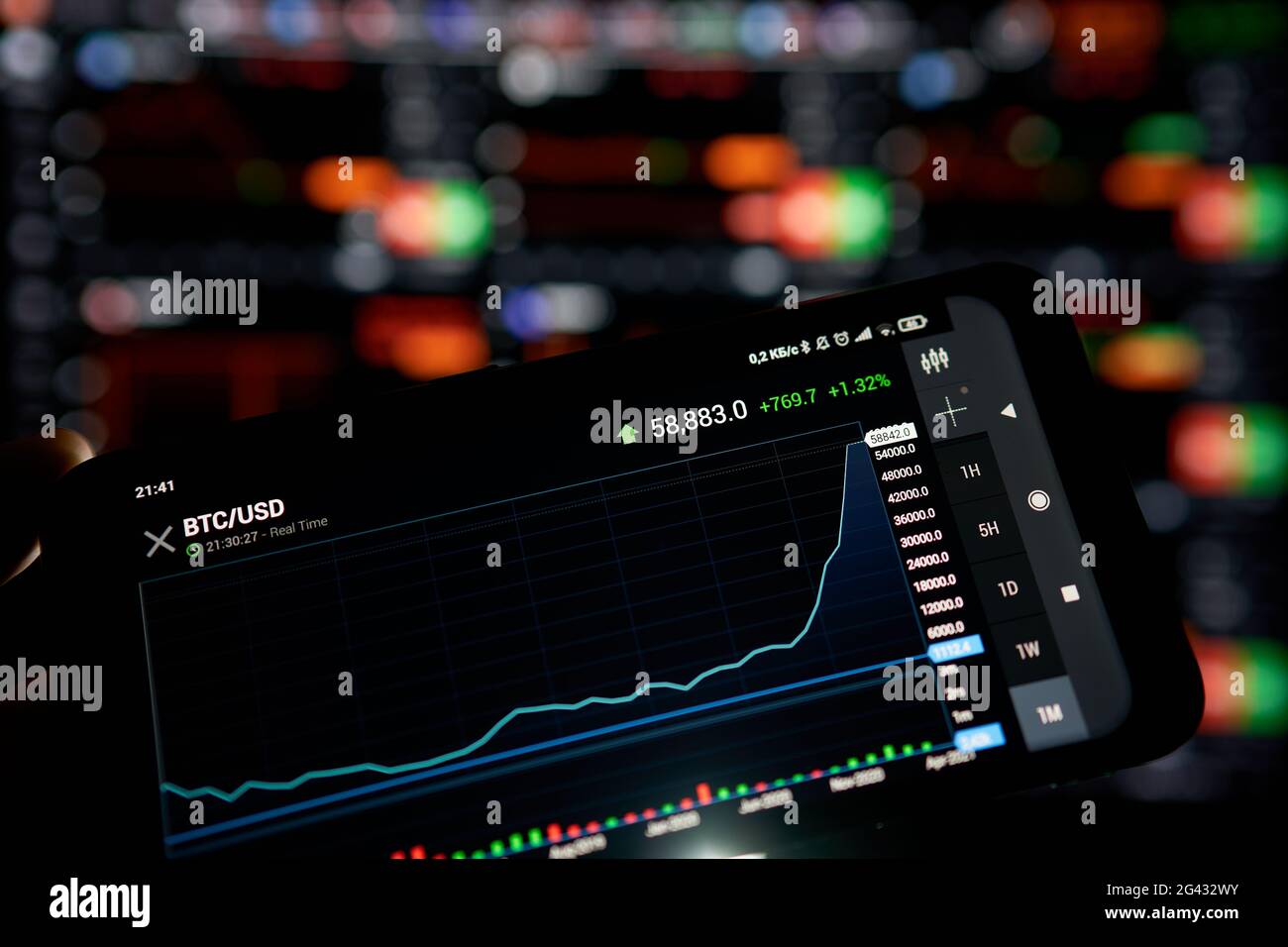 Venice, Italy - 06 April 2021: Bitcoin cryptocurrency price graph chart ...