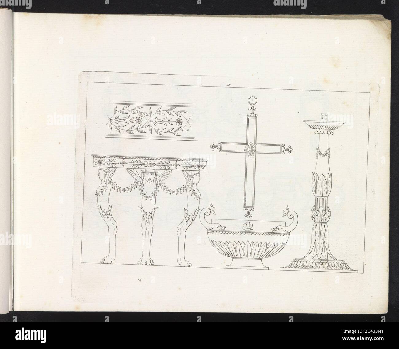 Ornamental border, side table, cross, scale and a candlestick; Designs ...