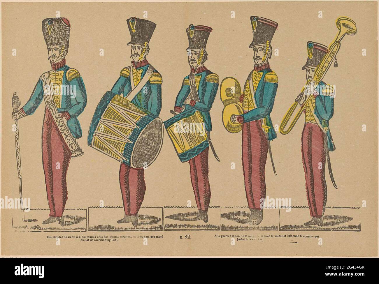 Military band. Sheet with 5 standing soldiers with musical instruments ...