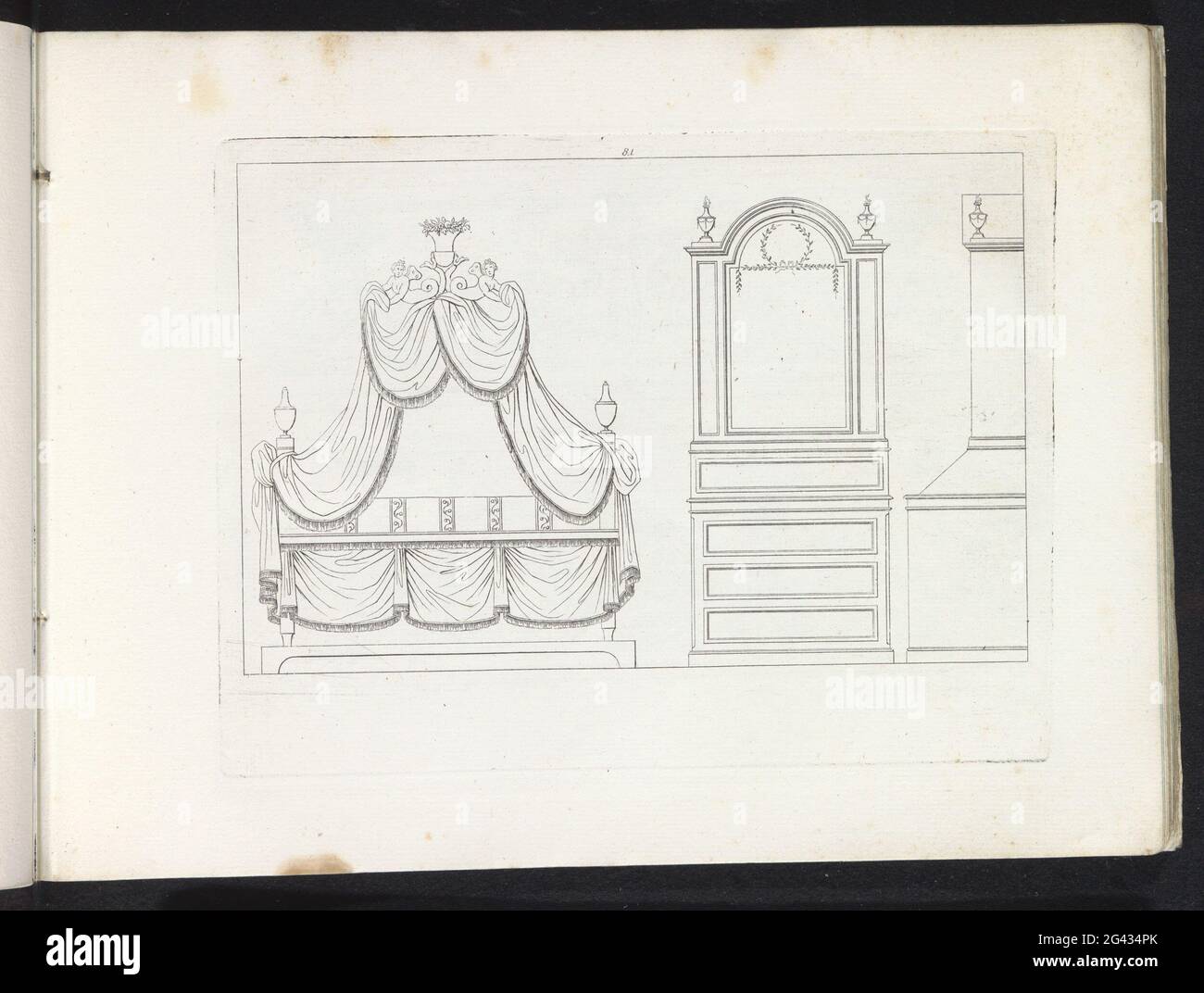 Four-poster bed and two views of a cupboard; Designs for religious and ...