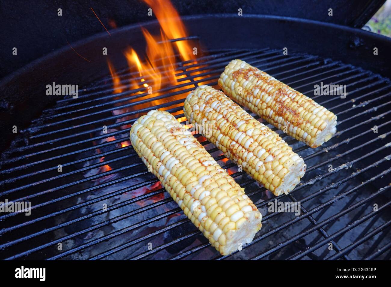 Grilled seasoned sweetcorn on a backyard charcoal barbecue Stock Photo ...
