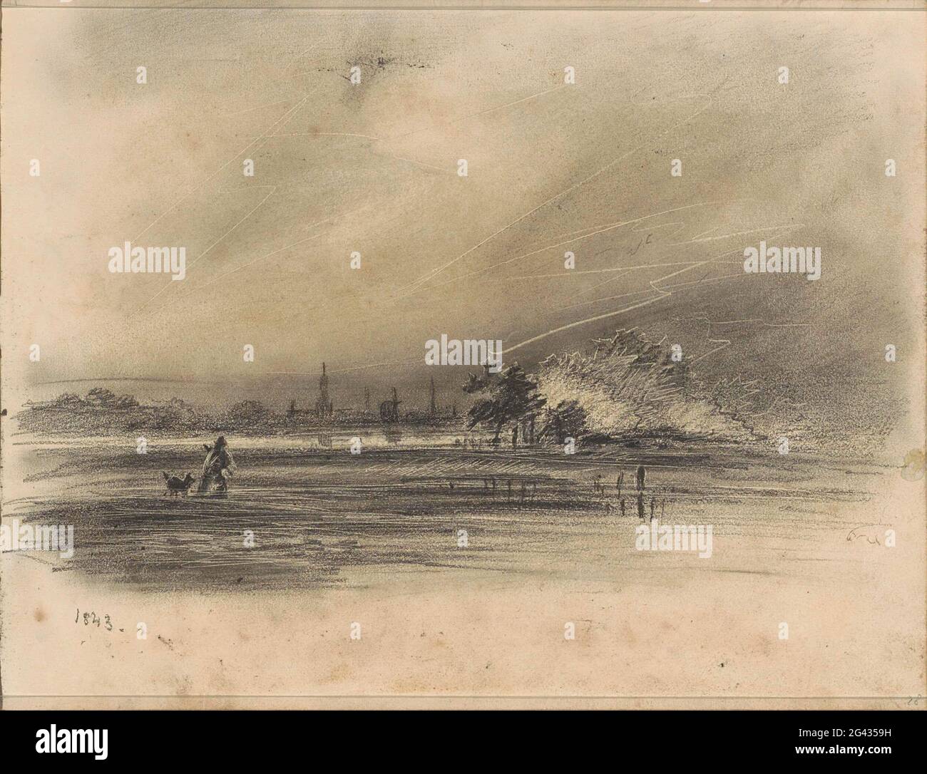 Man with dog in a meadow landscape. A cityscape in the background. Leaf ...