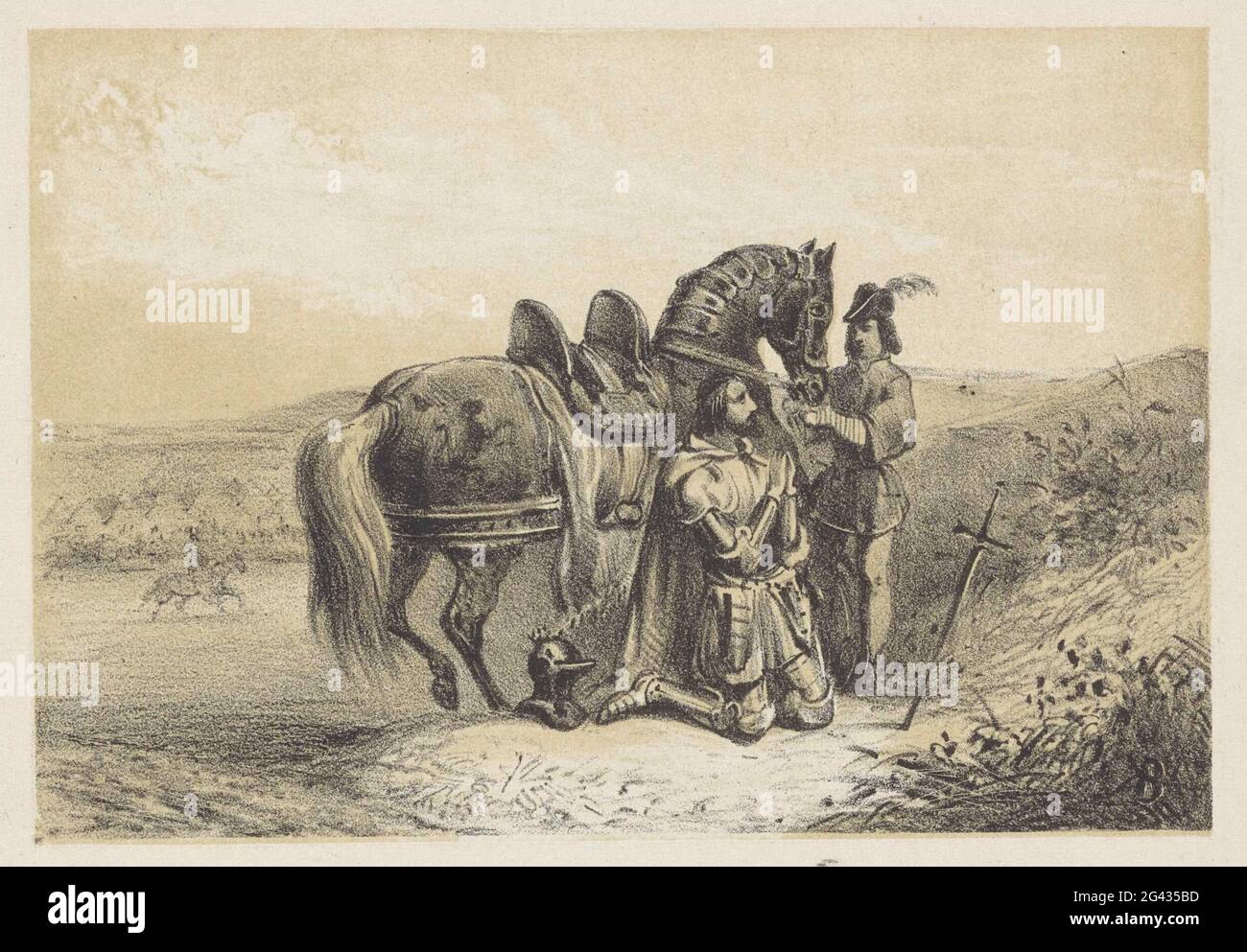 Knight praying at a sword. The knight has turned off from his horse and ...