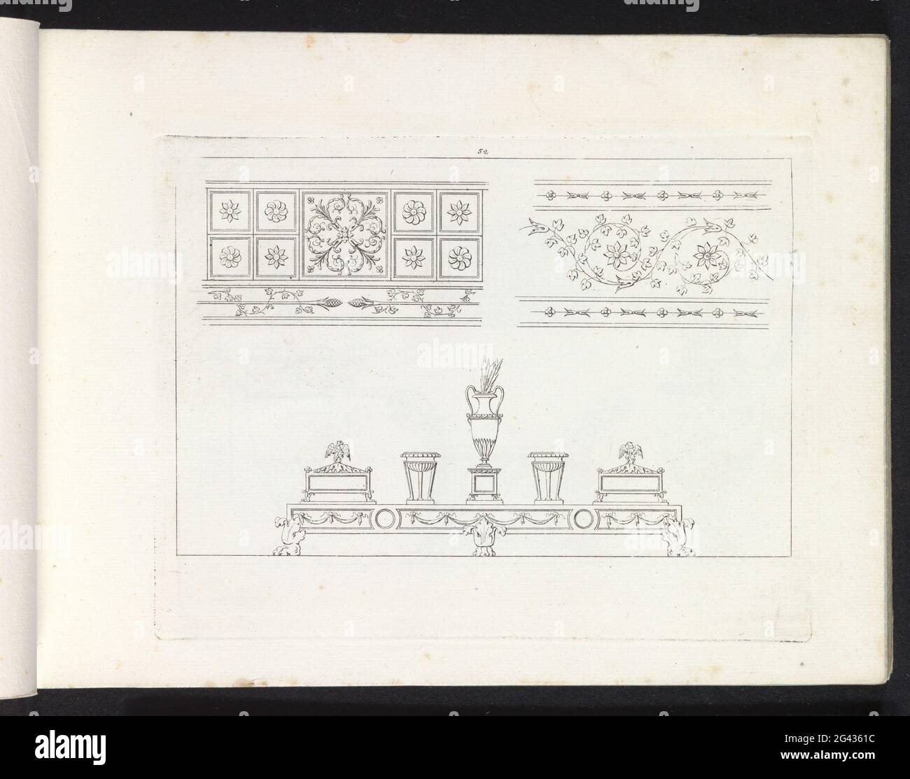 Two ornamental edges and a table with vases and urns; Designs for ...