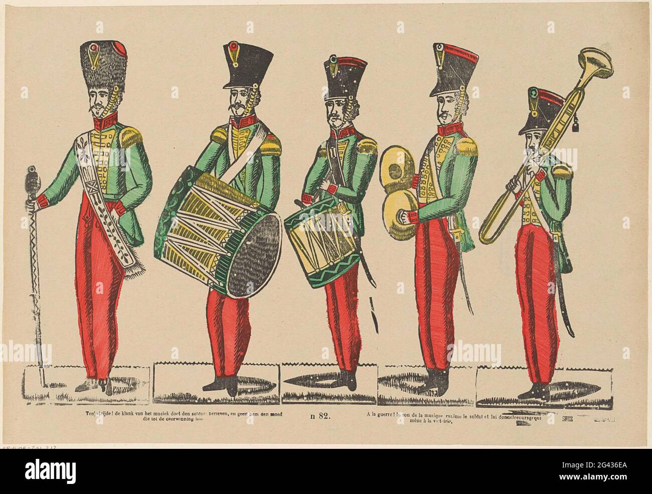 Military band. Sheet with 5 standing soldiers with musical instruments ...