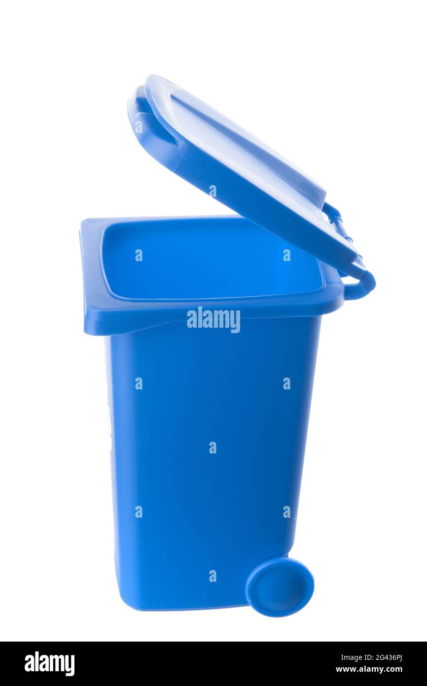Plastic blue trash can isolated on white background Stock Photo - Alamy