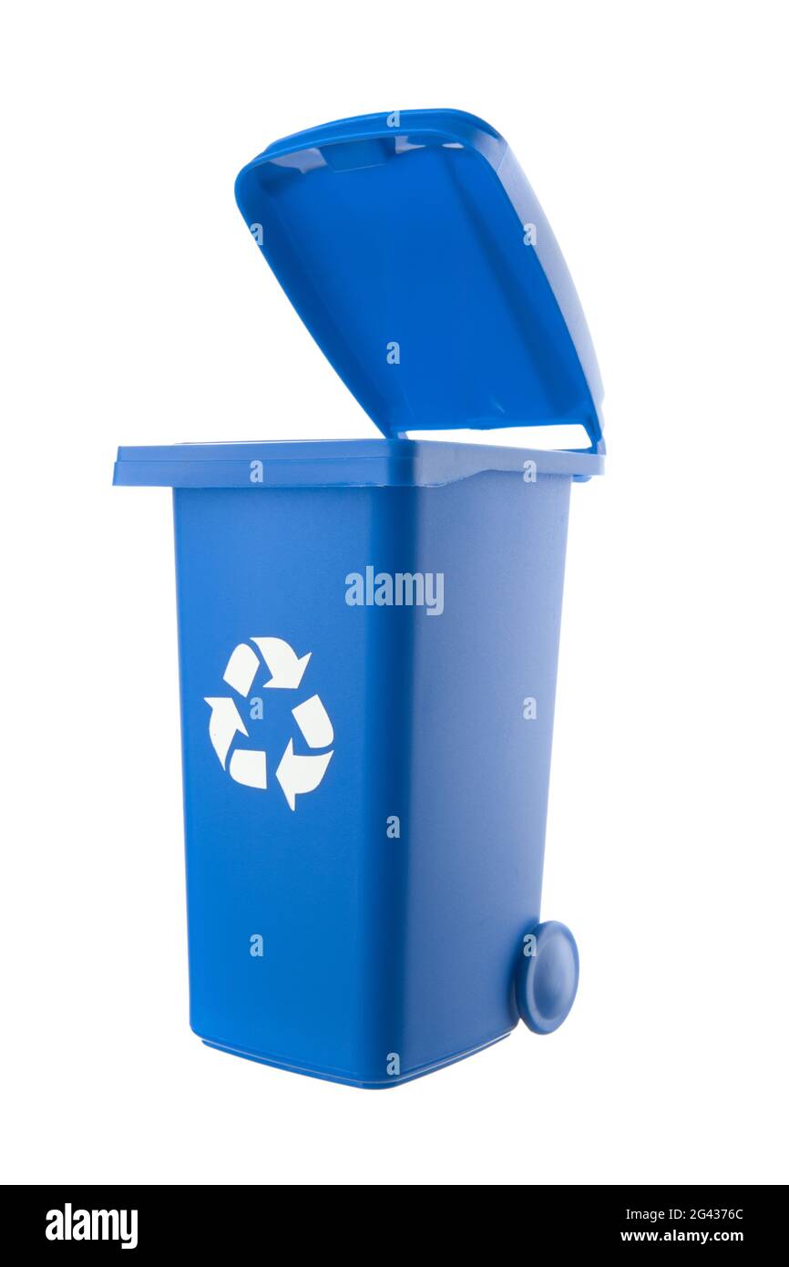Plastic blue trash can isolated on white background Stock Photo - Alamy