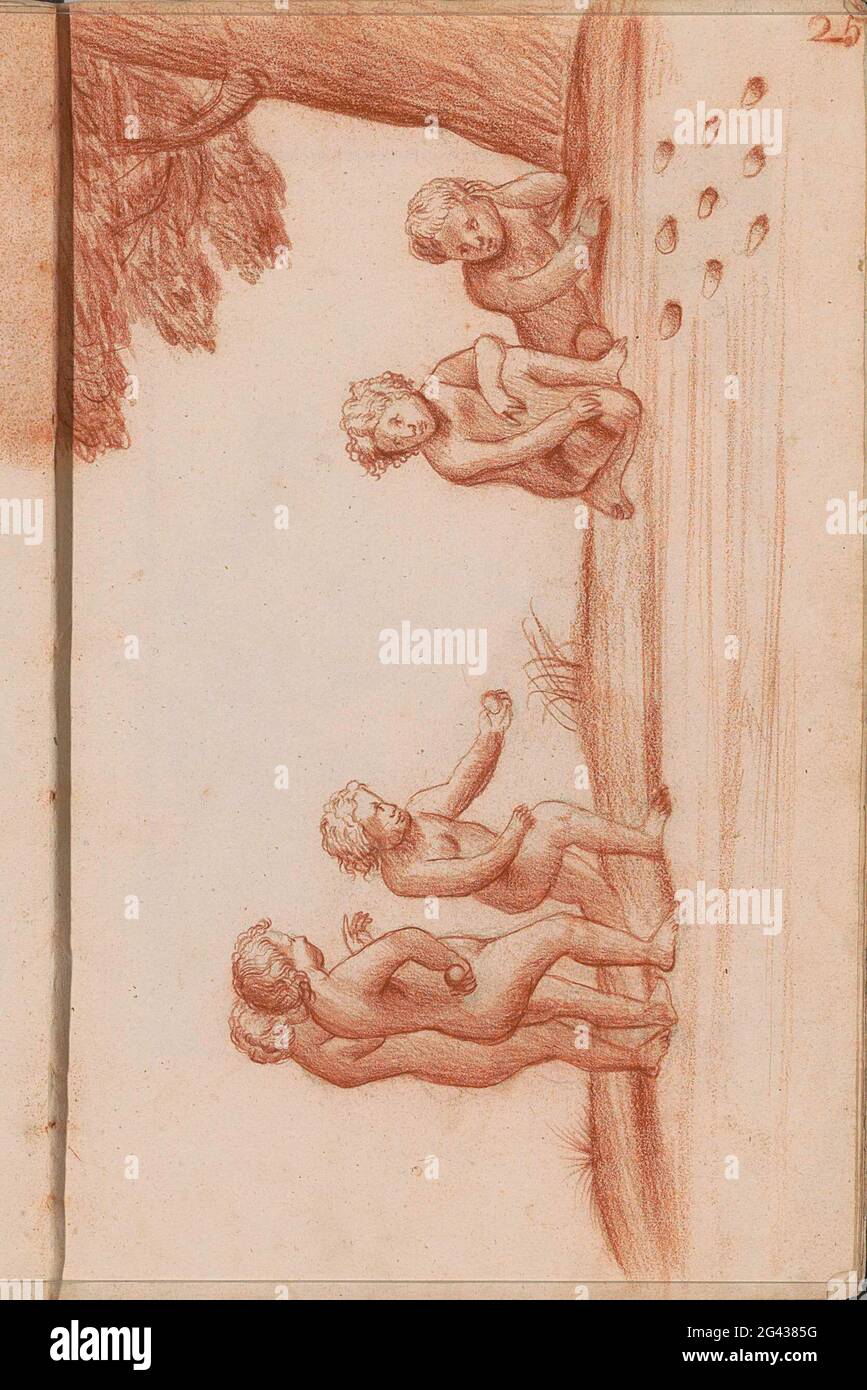 Five putti playing with balls at a tree. Leaf 20 recto from a ...