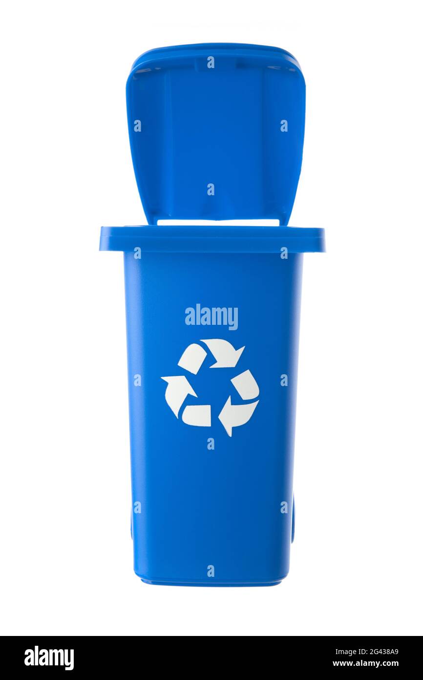 Plastic blue trash can isolated on white background Stock Photo - Alamy
