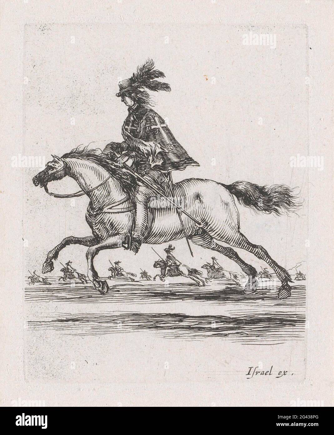 Musketeer on horseback in a landscape with more riders on horseback ...