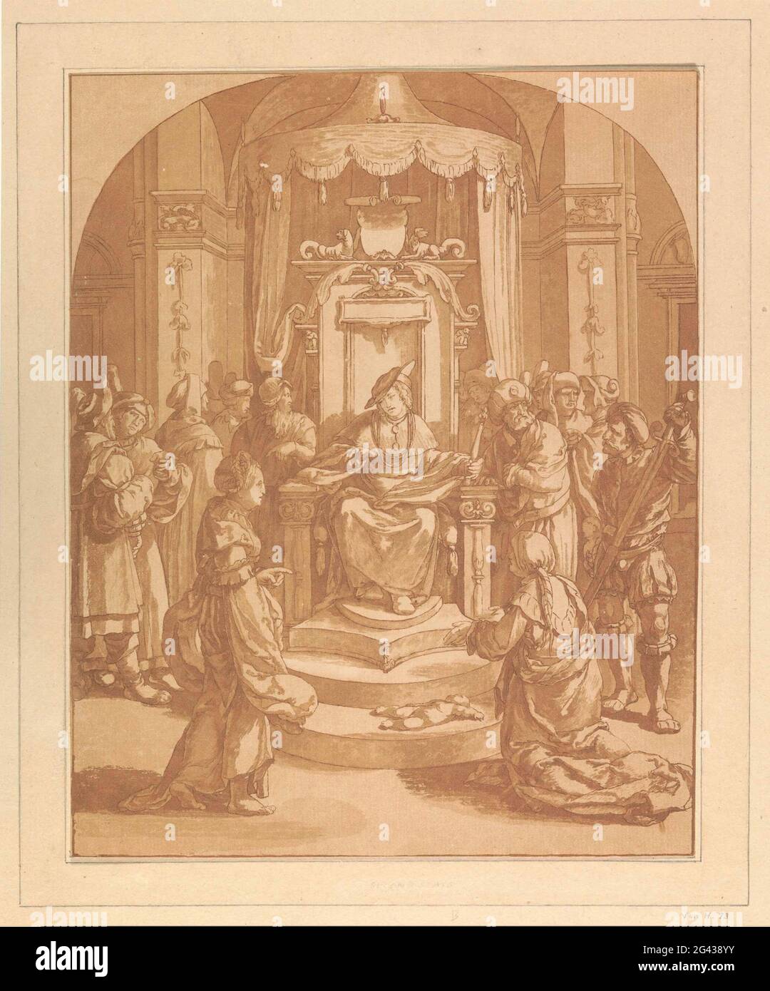 Judgment of Solomon. King Solomon sits on his throne and velt his ...