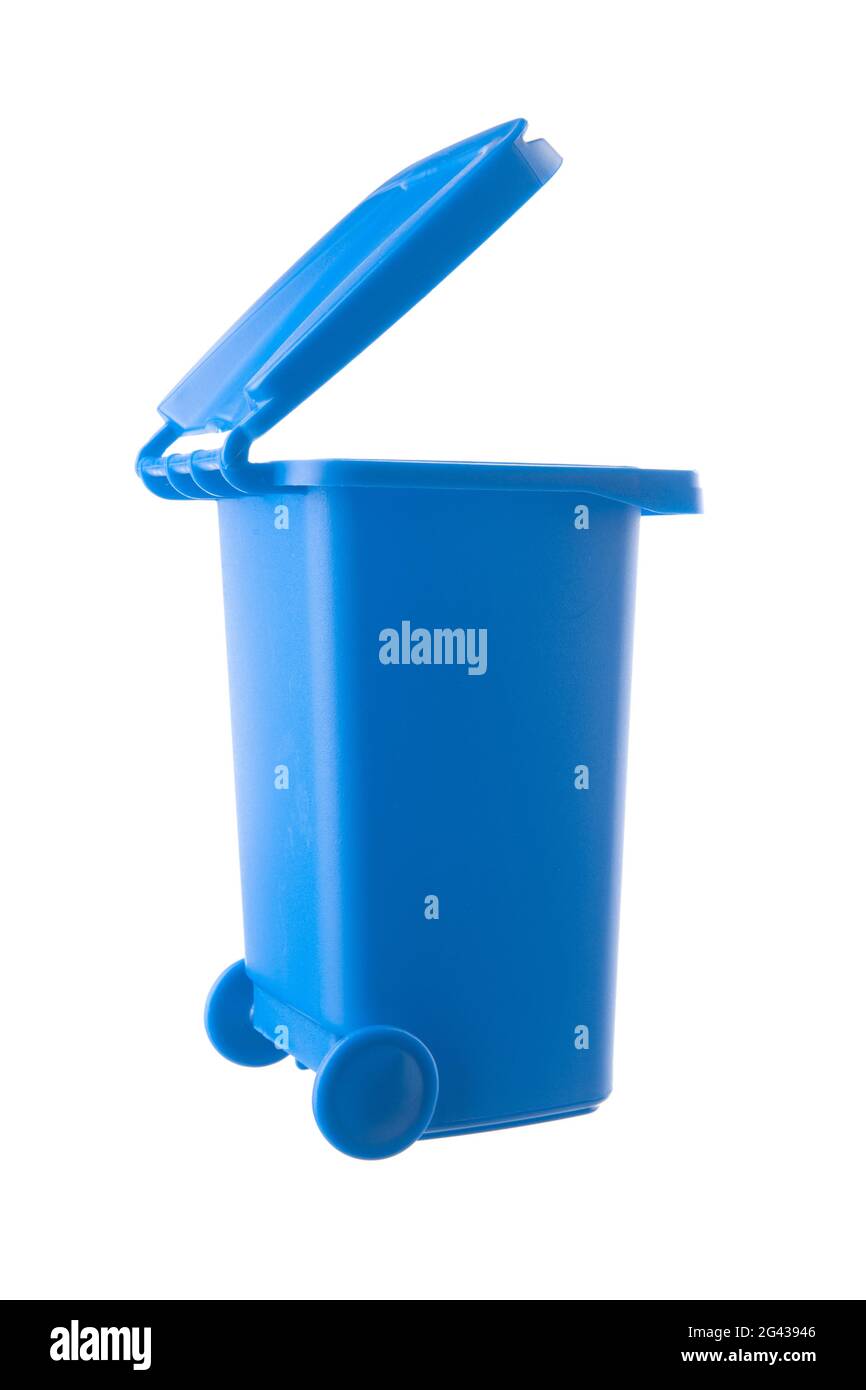 Plastic blue trash can isolated on white background Stock Photo - Alamy