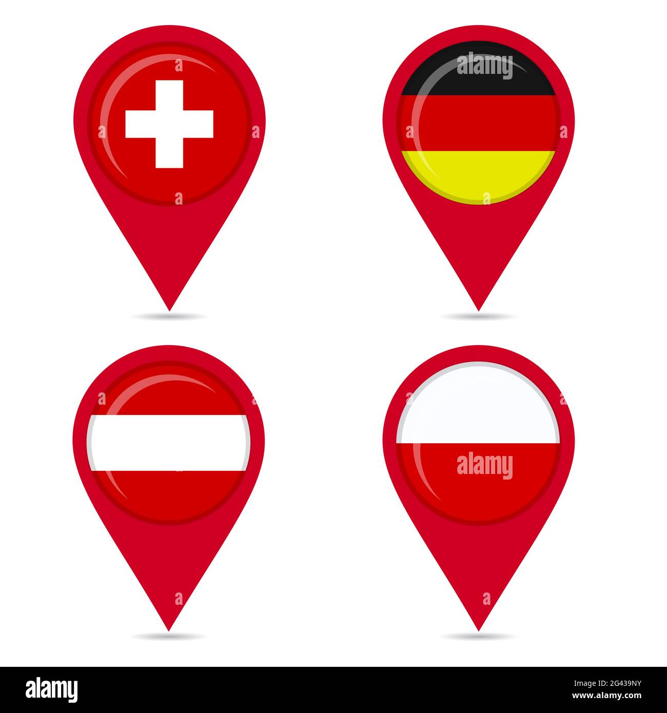 Map pin icons of national flags: Switzerland, Germany, Poland, Austria. White background Stock ...