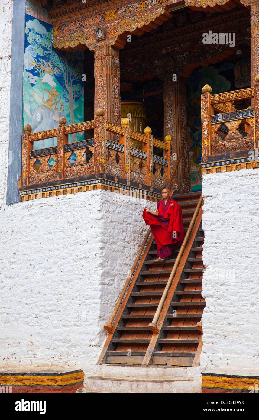 A buddhist monk, dressed i9n bright red, descending a flight of stairs ...
