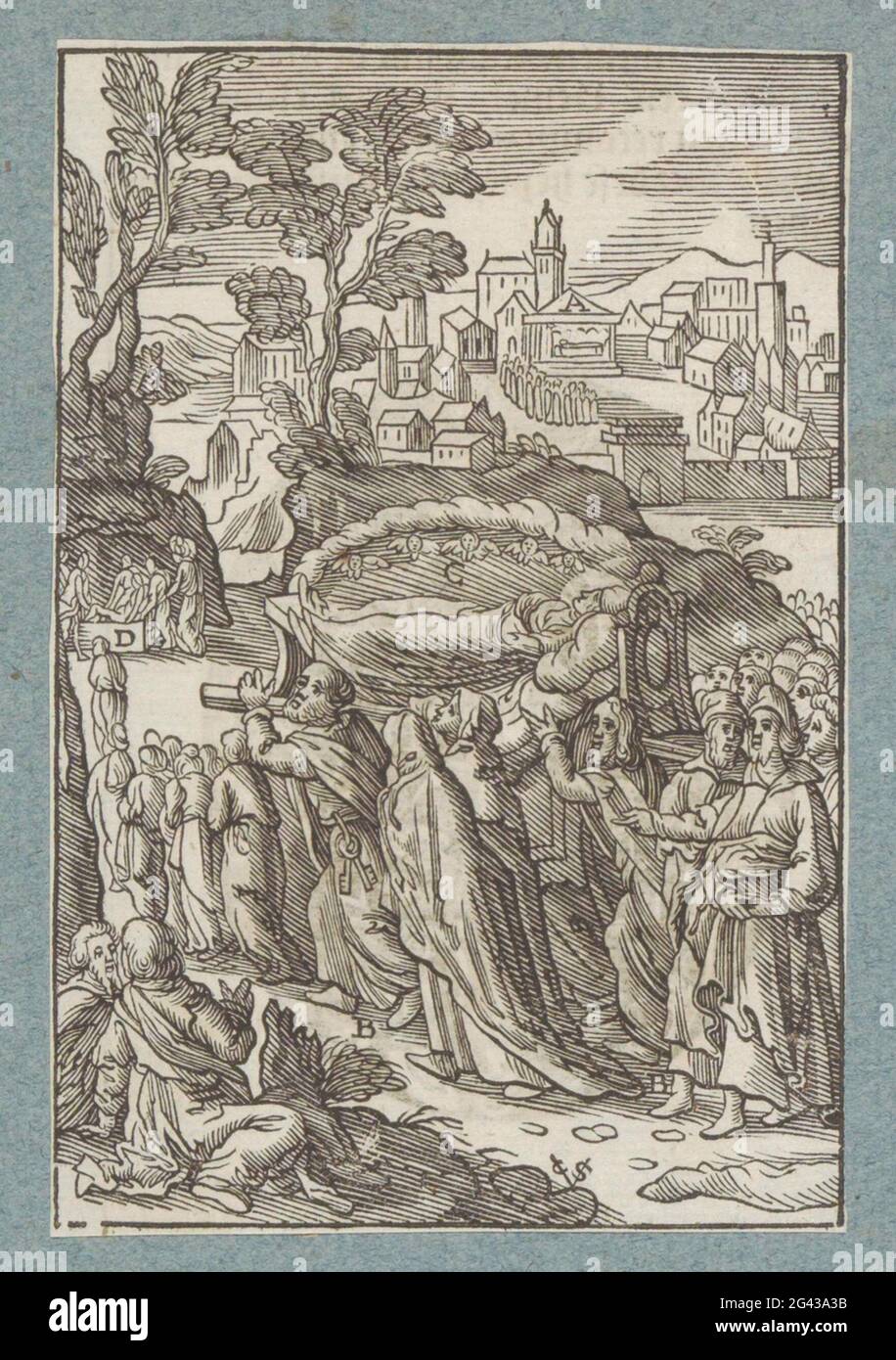 Funeral of Maria. The apostles bear the body of Mary. A crowd angels ...