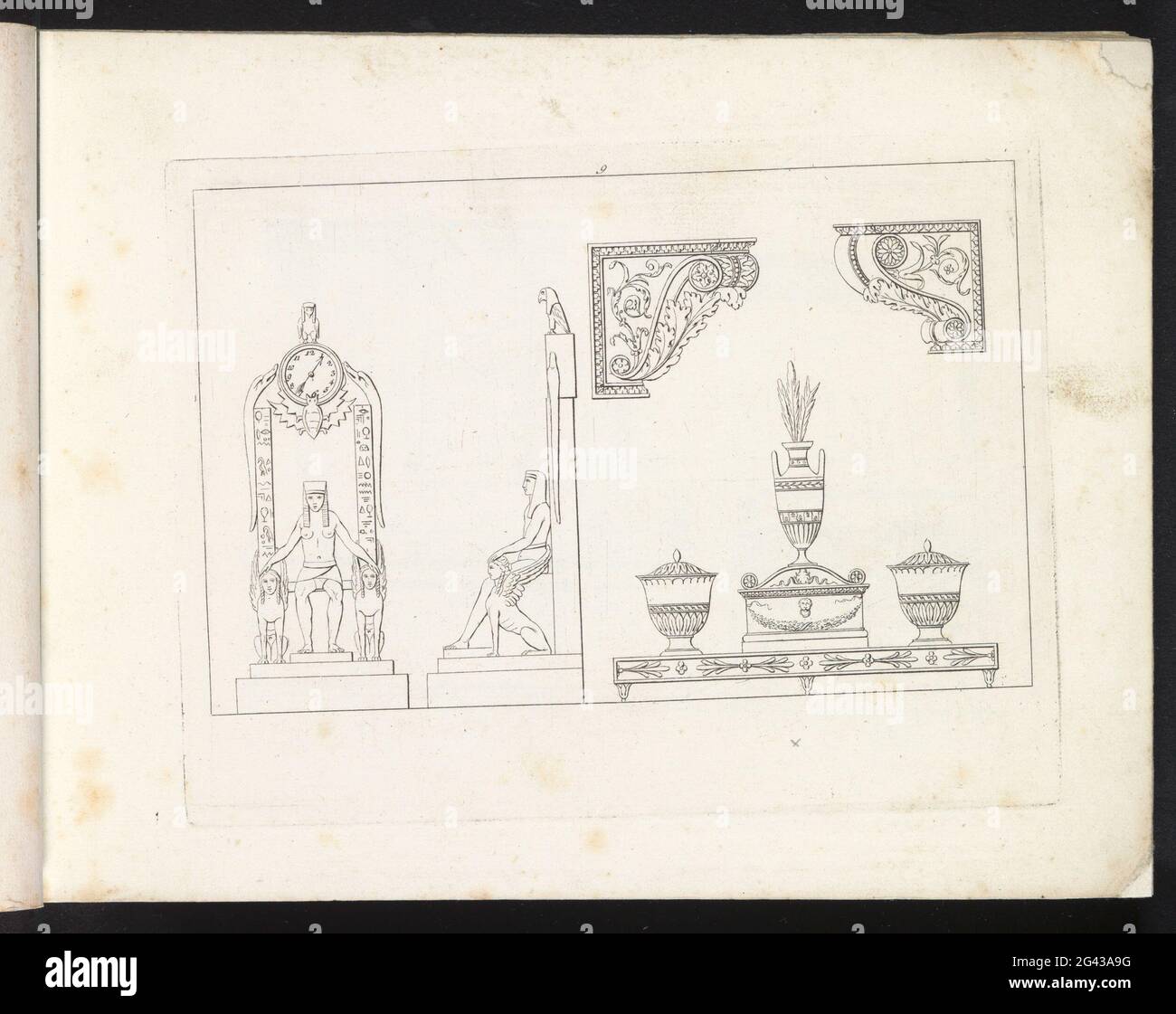 Two views of a table clock, two consoles and three vases; Designs for ...
