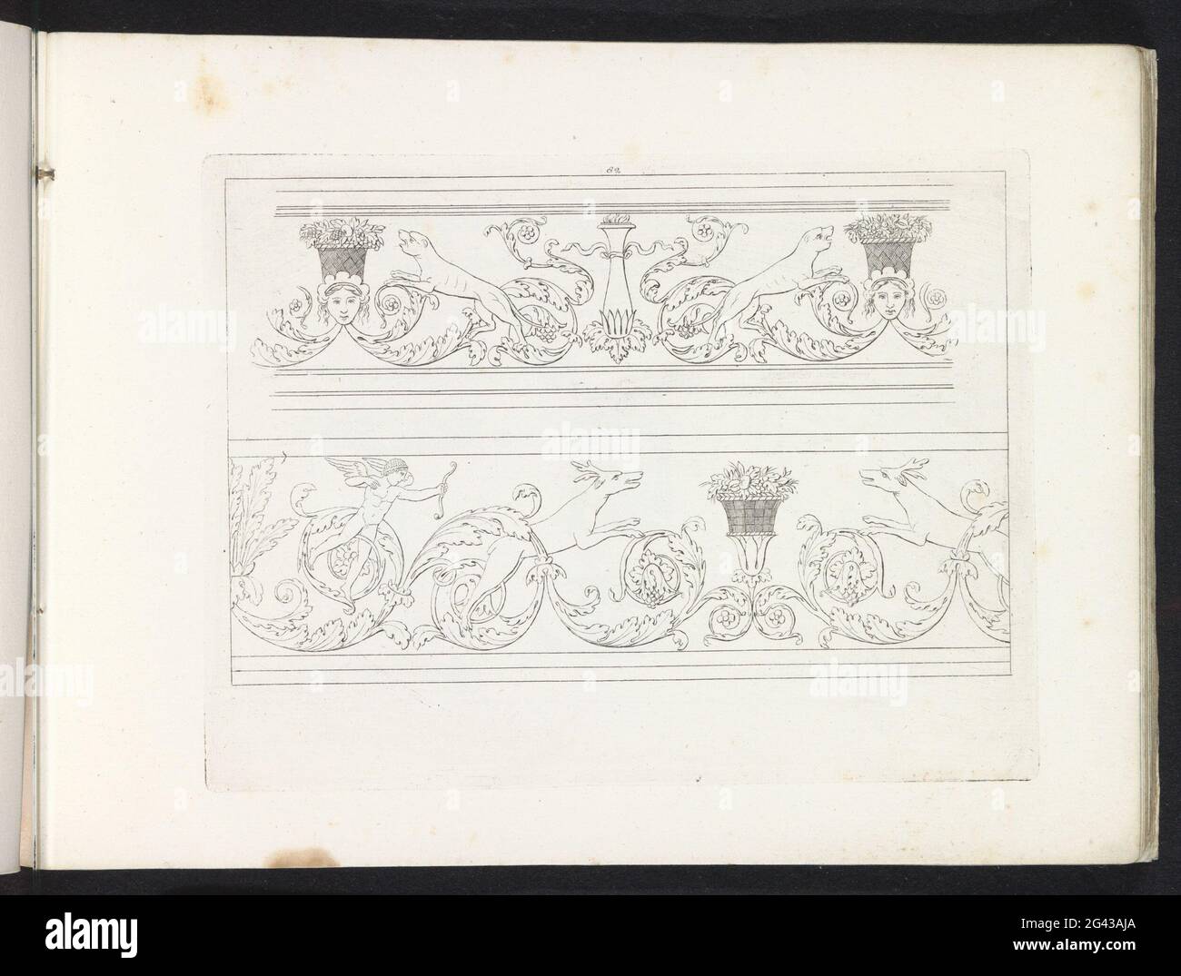 Two ornamental ornamental edges with arabesque and animals; Designs for ...