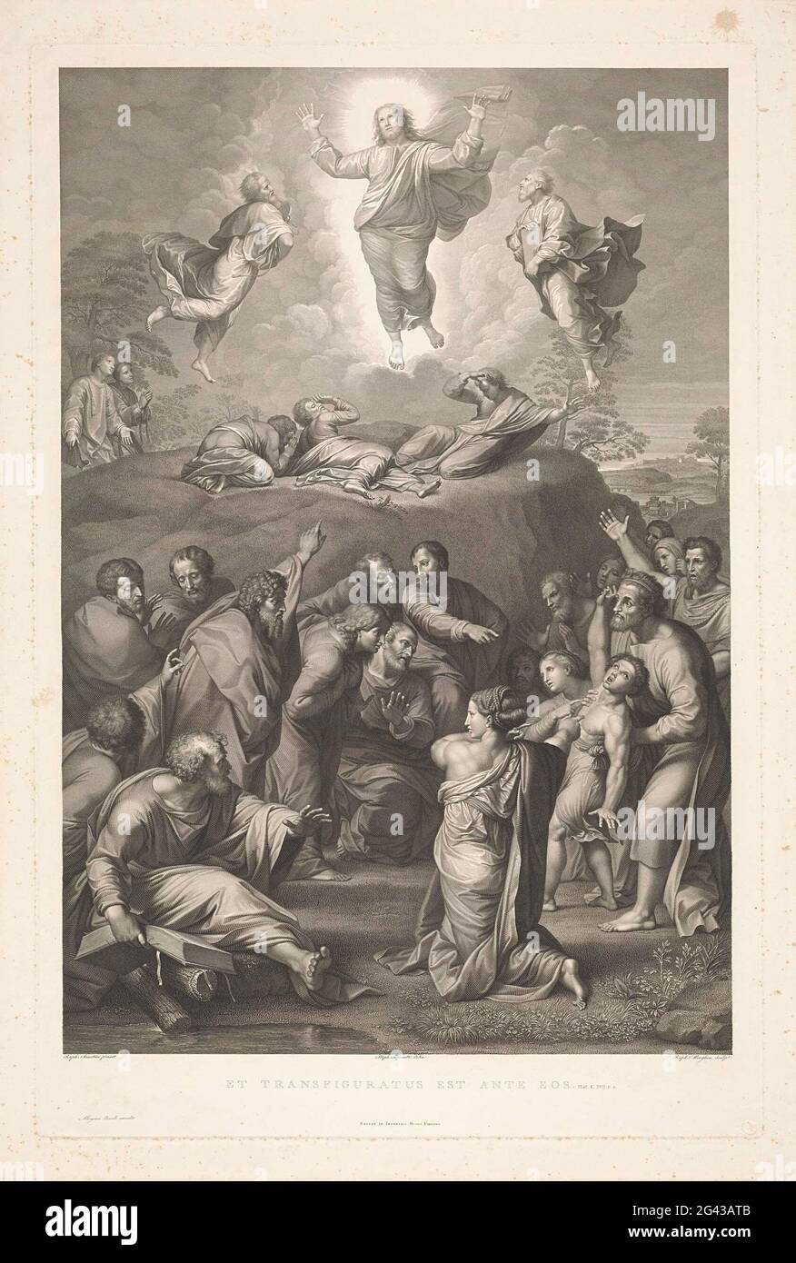 Transfiguration on the mountain tabor. Christ floating in a beam of ...