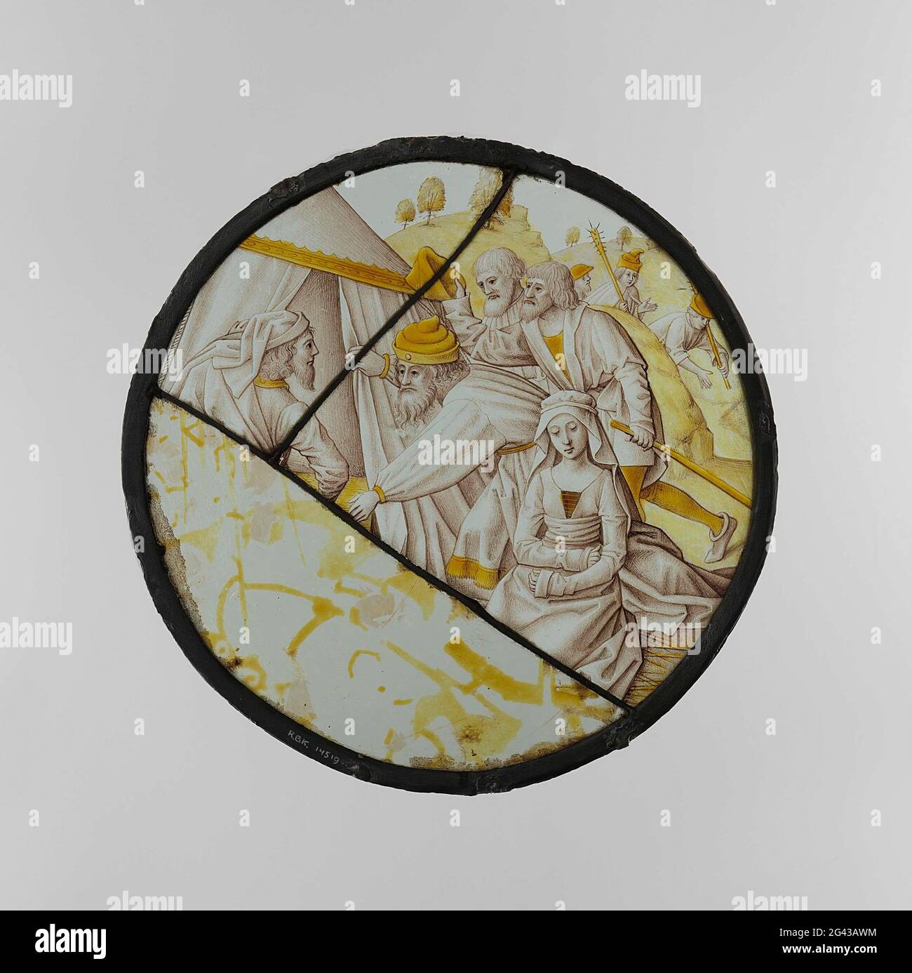 Square with representation of Rachel and Laban. Round stained glass ...