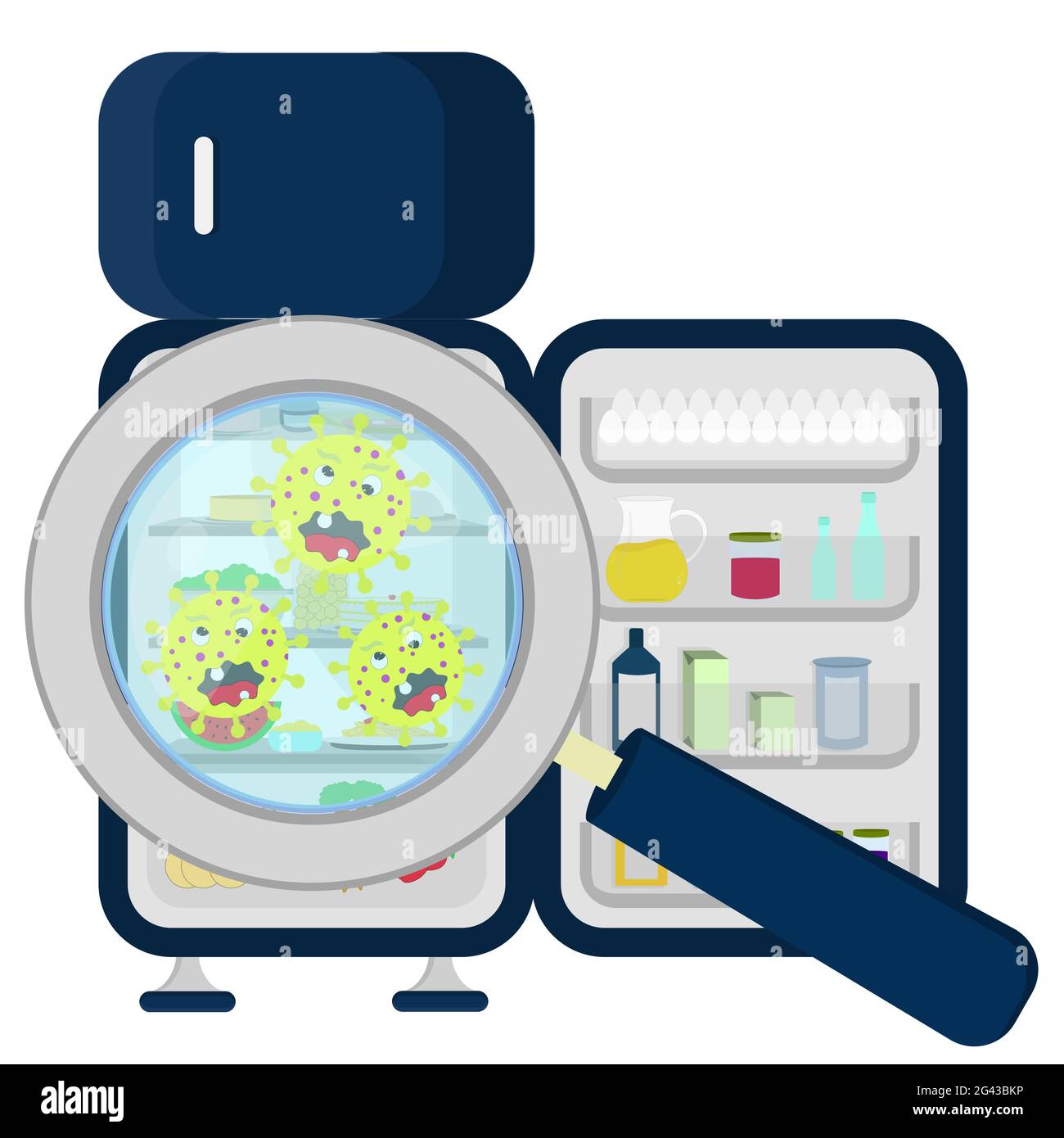 Germs in crowded refrigerator enlarged by a magnifying glass Stock ...