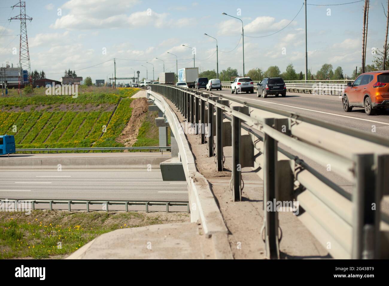 Fencing on the side of the highway. Road bridge metal fence. Accident ...