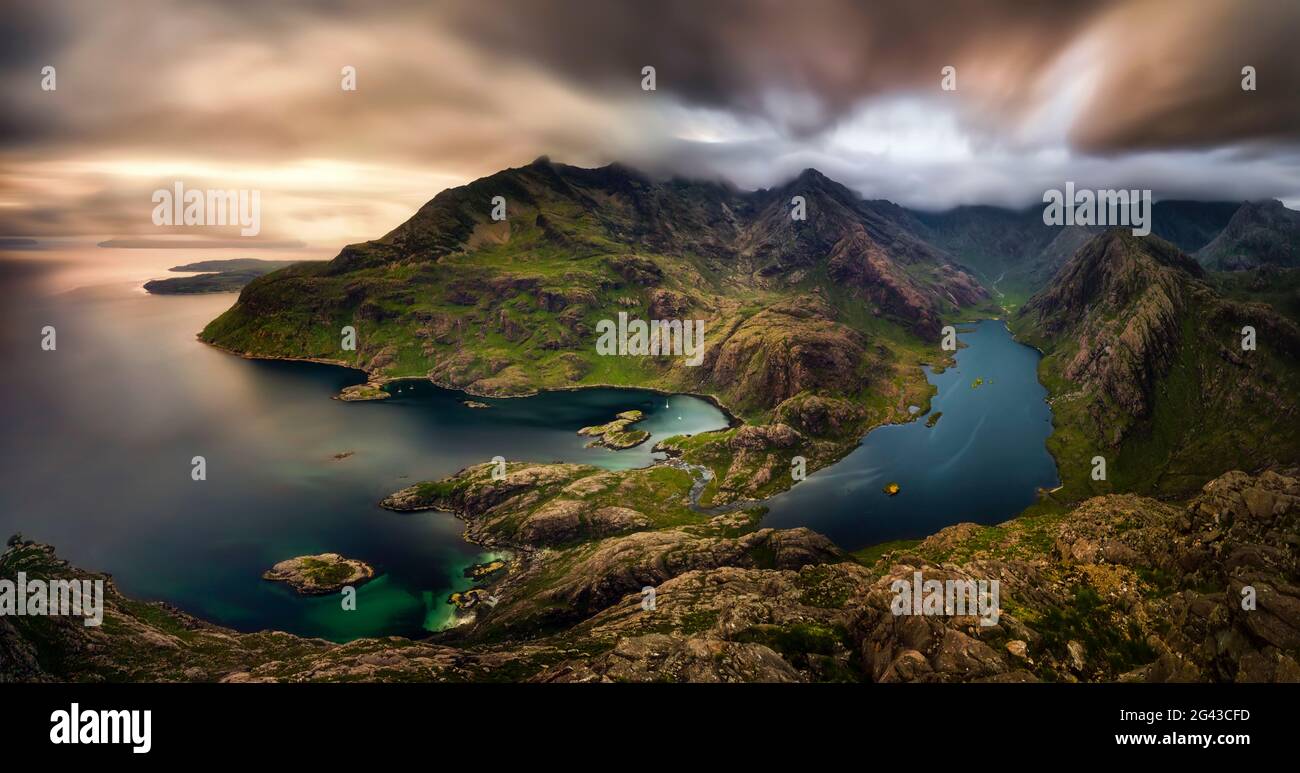 Aerial view of landscape with Loch na Cuilce and Loch Coruisk, Isle of ...