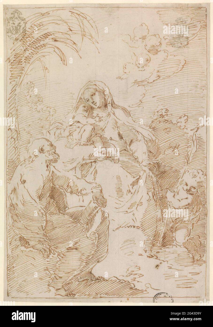 The holy family with the little John the Baptist, sitting under a palm ...