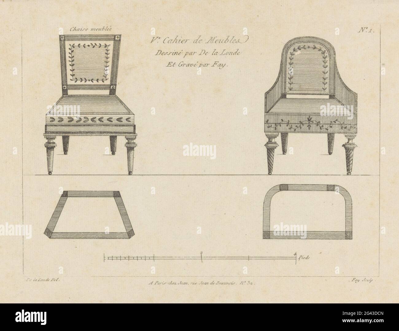 Two chairs; Chaise meublée; Ve Cahier De Meubles. Front and top views ...