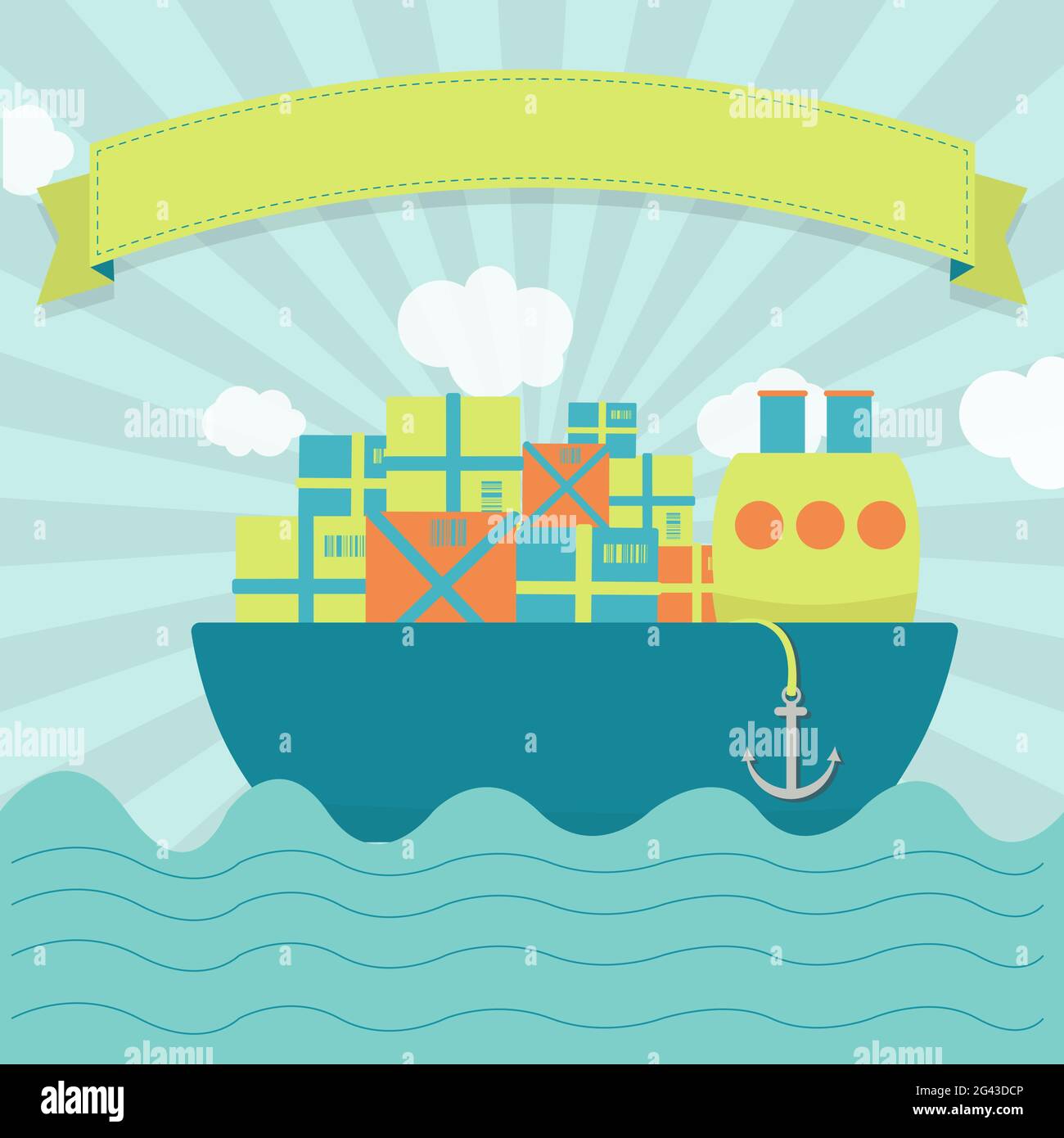 Cute cargo ship carrying parcels and goods. Blank ribbon for insert ...