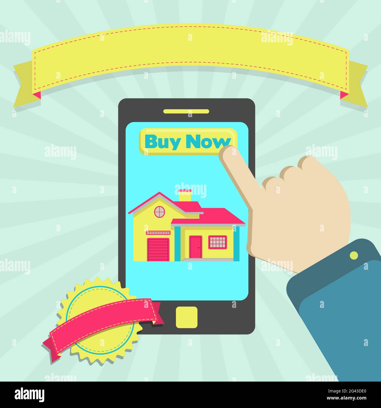 Buy house online through phone. Colorful artwork. Blank ribbon and ...