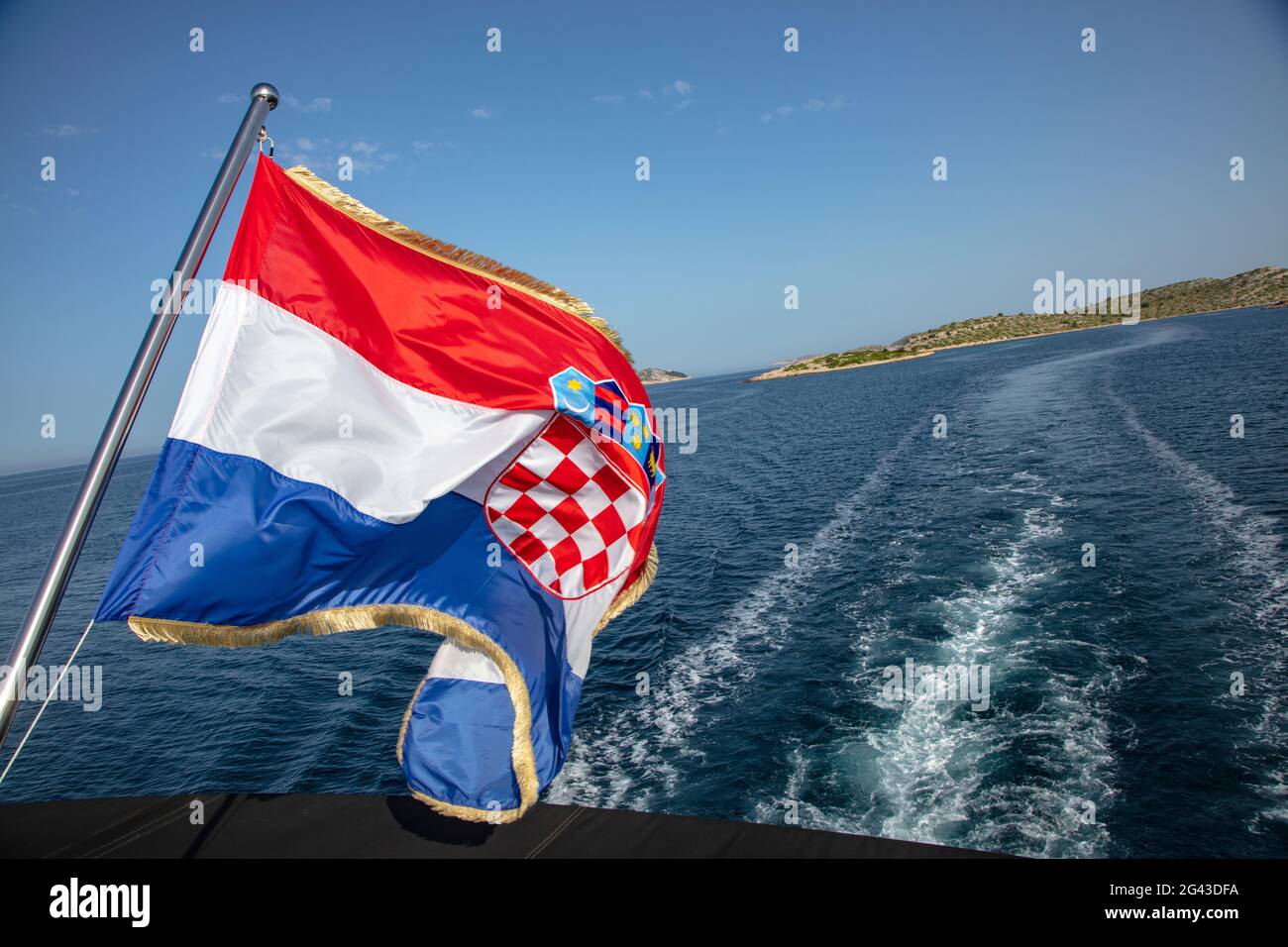Croatian national flag on board the cruise ship, Kornati Islands ...