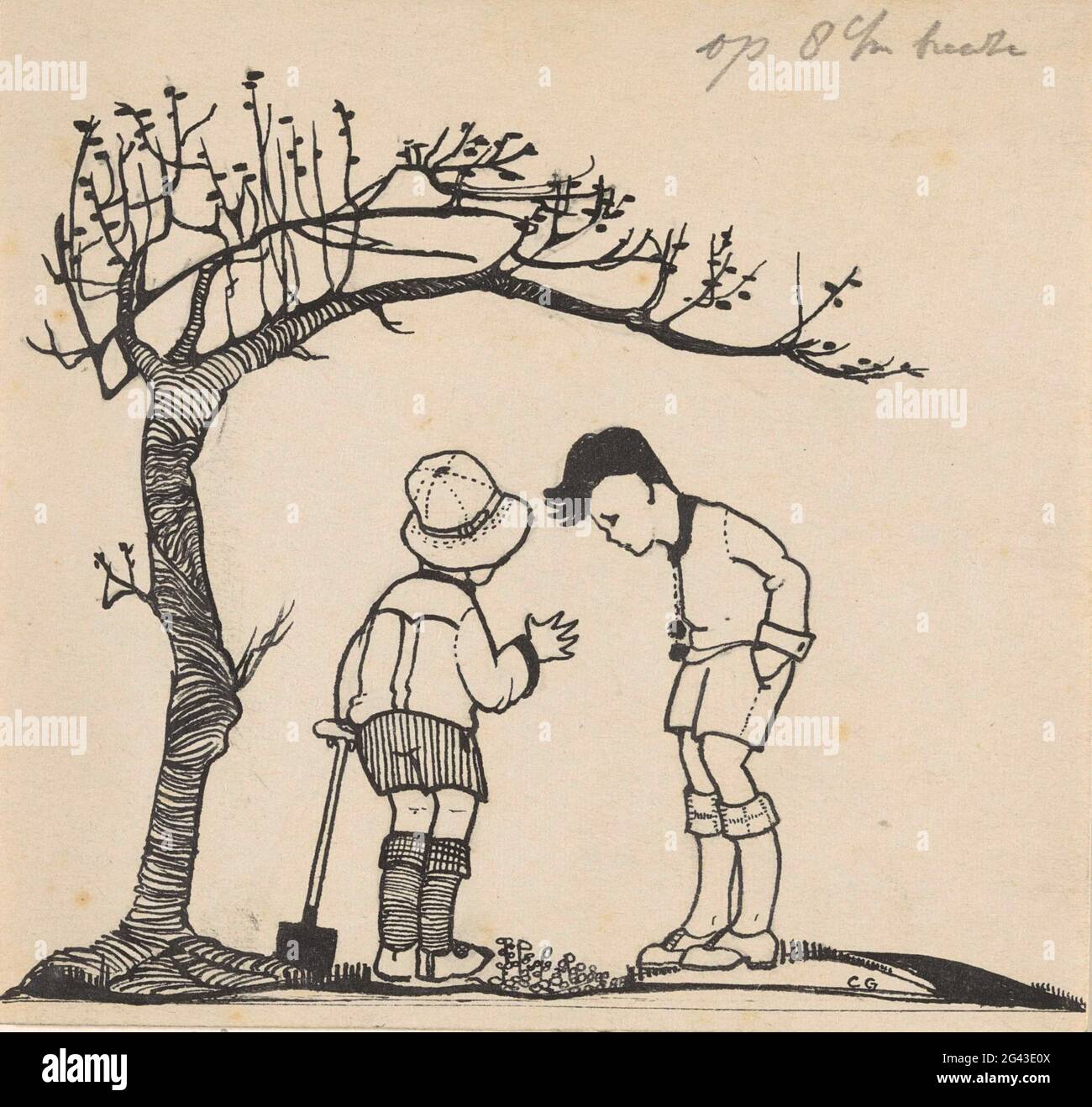 Two boys under a tree. Among a tree is a boy with a hat and scoop. He ...