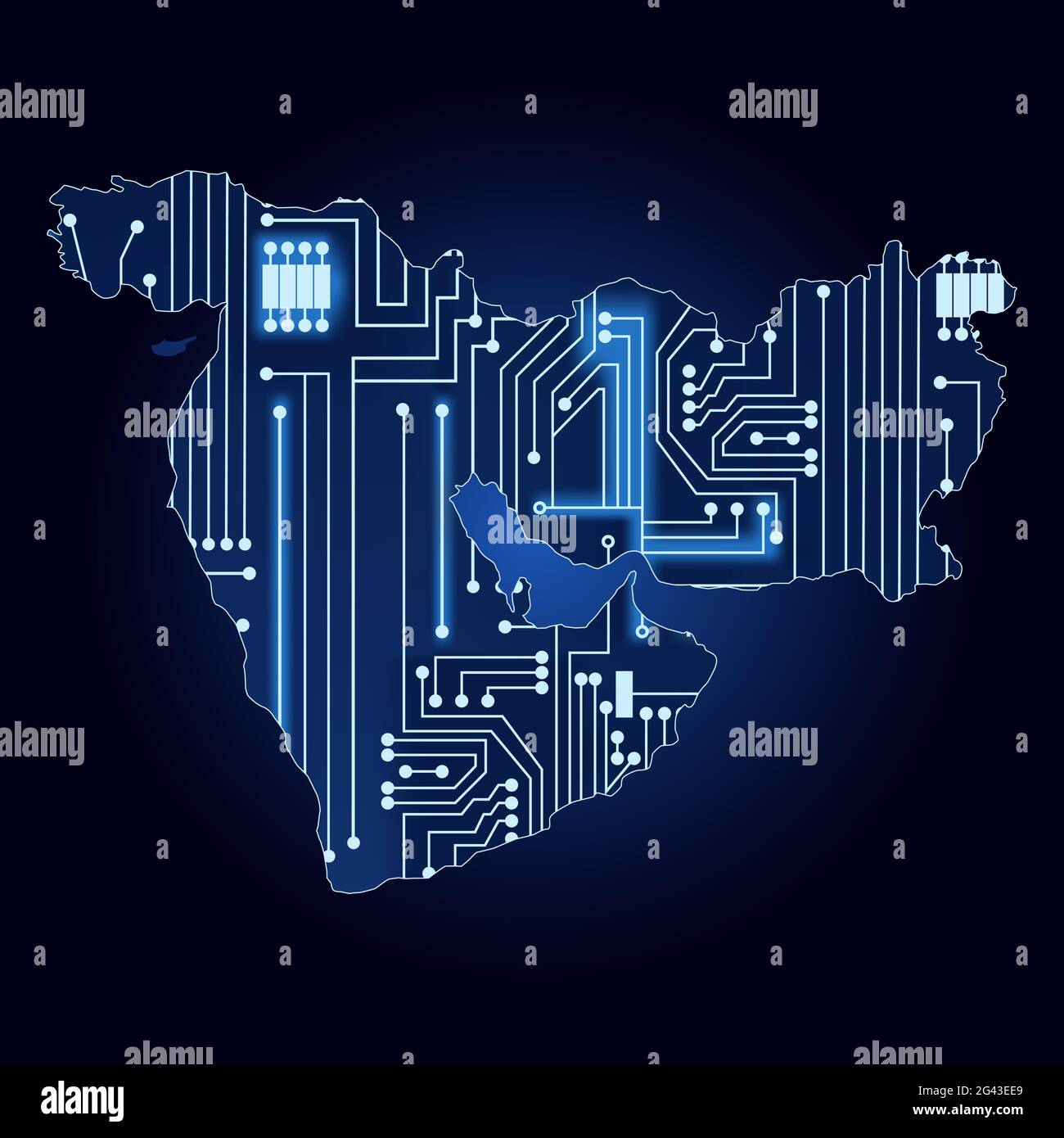 Contour map of Middle East with a technological electronics circuit ...