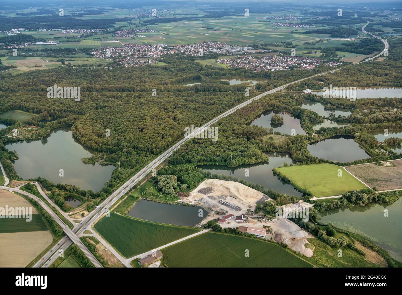 Lake District, aerial view of the A7 motorway near Ulm, Danube, Germany ...