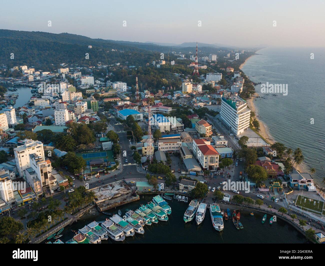 Aerial view of the port and downtown, Duong Dong, Phu Quoc Island, Kien Giang, Vietnam, Asia ...